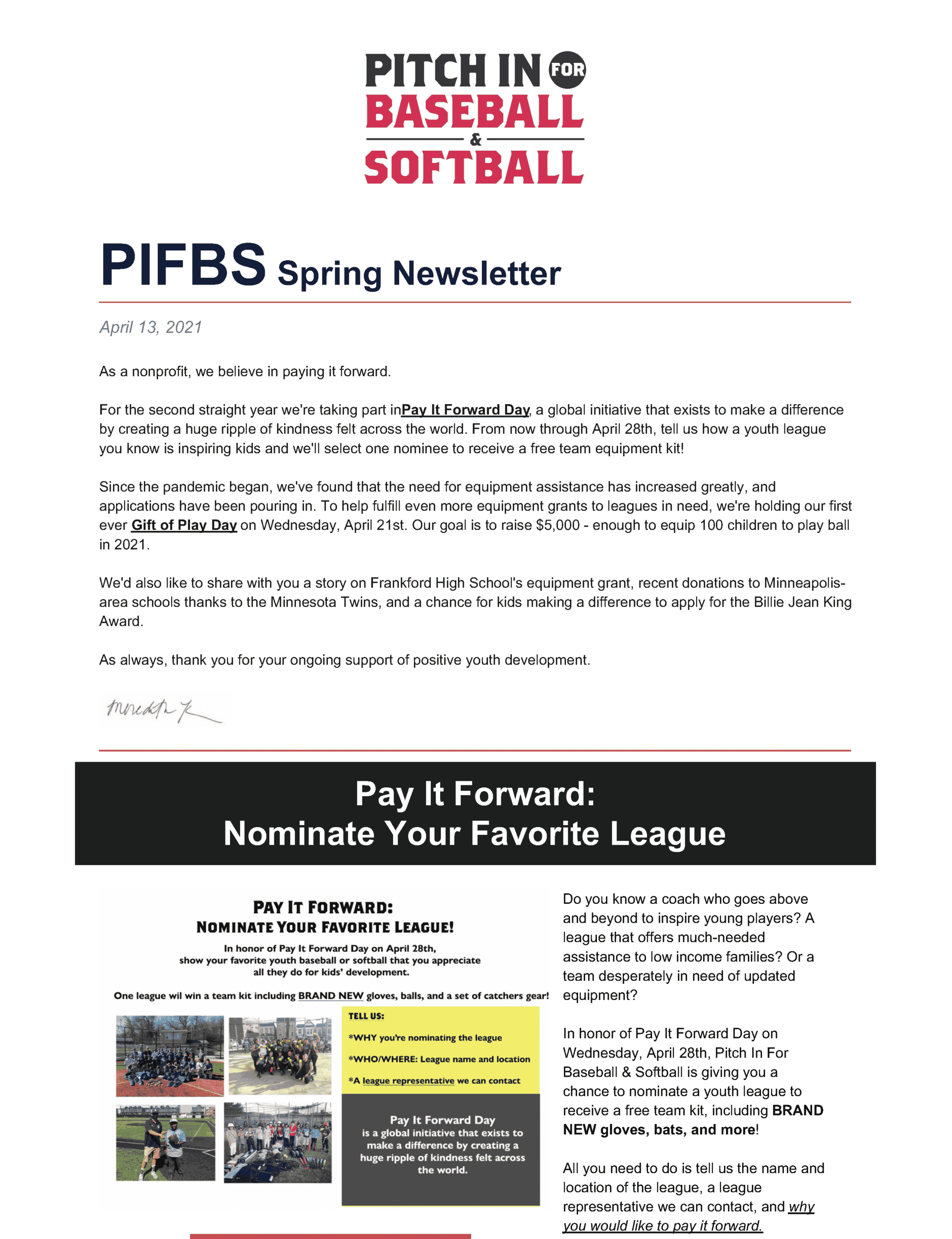 Newsletter - Pitch In For Baseball & Softball